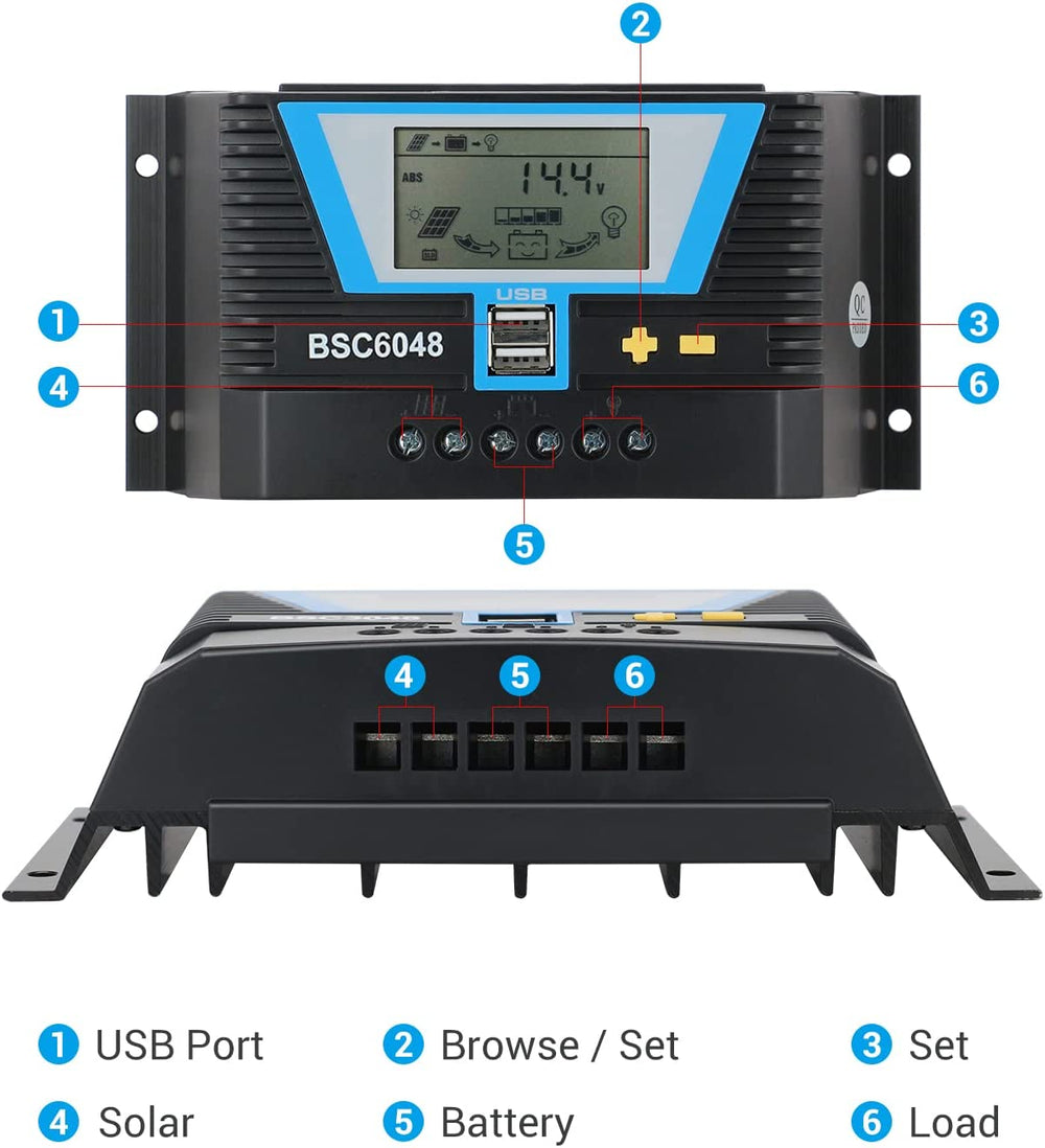 60Amp 12V/24V/36V/48V PWM Solar Charge Controller – ECGSOLAX